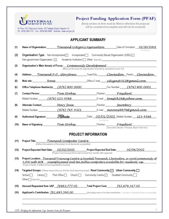 Sample Application Form | Universal Service Fund